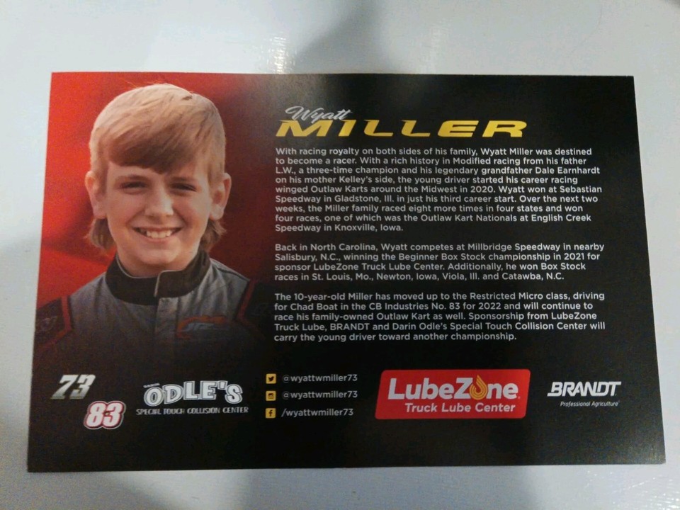 Wyatt Miller NASCAR/ Outlaw Karts Autographed Signed Hero Card | eBay