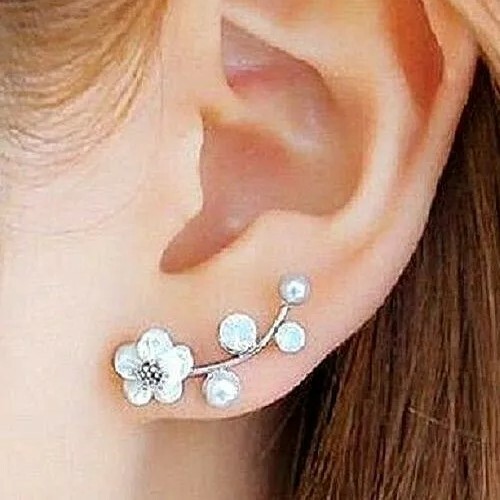 Silver Flower Ear Crawler Earrings Stud Earrings Silver Ear Climbers ...