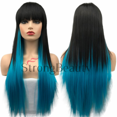 Long Black Blue Gradient Straight Neat Bangs Wig Women Lady Cosplay ...