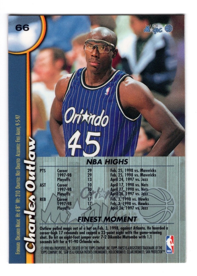 1998-99 TOPPS FINEST CHARLES OUTLAW CARD #66 **NM-MT** ORLANDO MAGIC | eBay