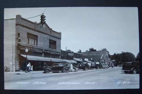 Street Scene WHITEHALL, MICHIGAN postcard RPPC circa 1948 Gee & Carr ...
