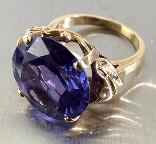 VTG 10K Yellow Gold Round 17mm Treated Purple Stone Cocktail Ring 7.5 ...