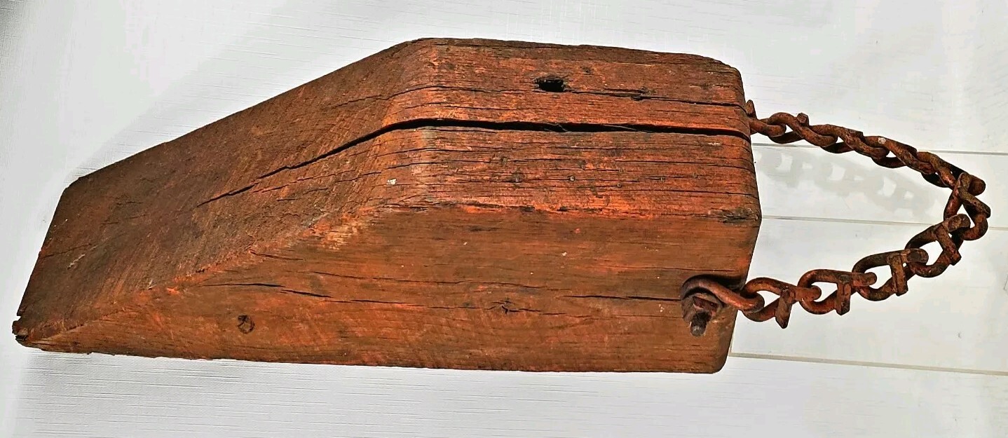 orange wooden wheel chock iron chain antique vtg old dry paint car ...