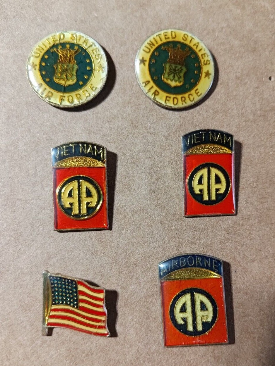 lot of 6 enamel hat-lapel pins - USAF, 82nd Airborne and USA flag pins ...