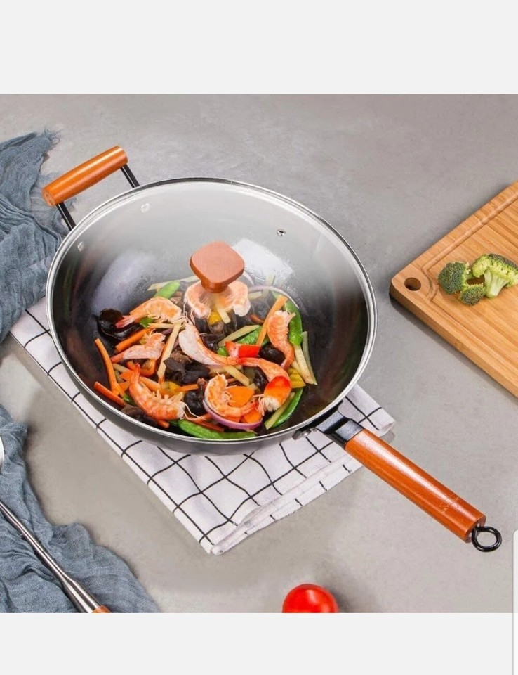 SKY LIGHT Wok Pan with WOODEN Lid, Stir Fry Pan 12.5-inch, 100% Carbon ...