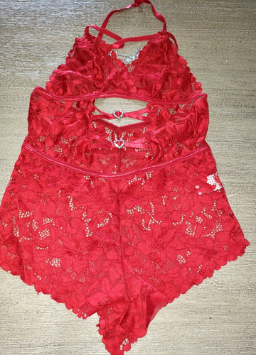 womens SEXY SHEER RED LACE TEDDY RHINESTONE HEARTS NEW SMALL SILVER ...