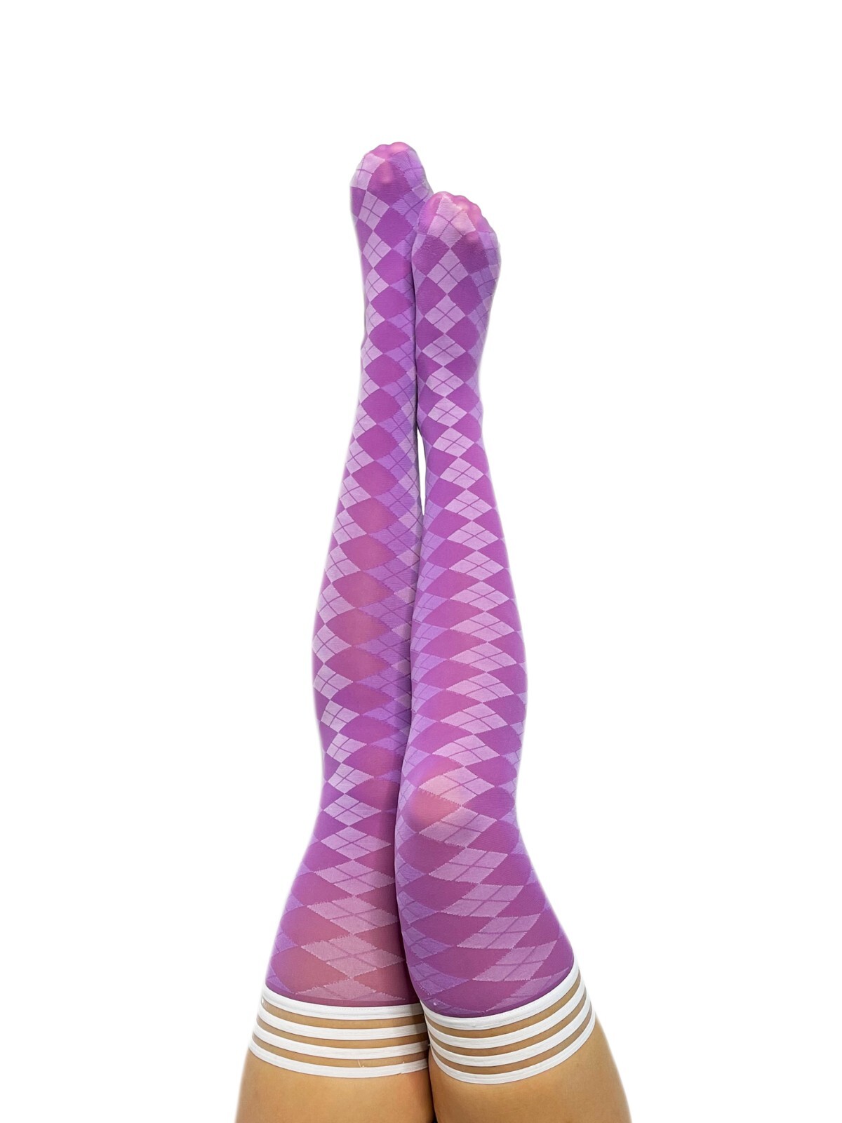 Kixies Par 4 Purple Argyle Thigh High Stockings No Slip Grips Size B ...