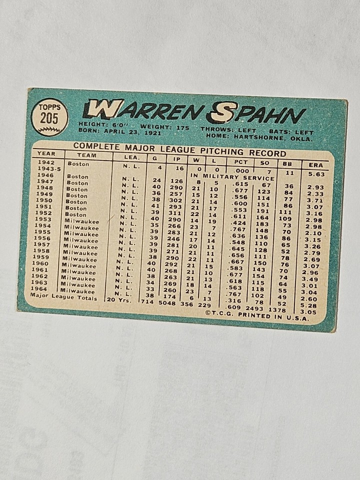1965 TOPPS #205 WARREN SPAHN NY METS EXCELLENT Actual card is scanned ...