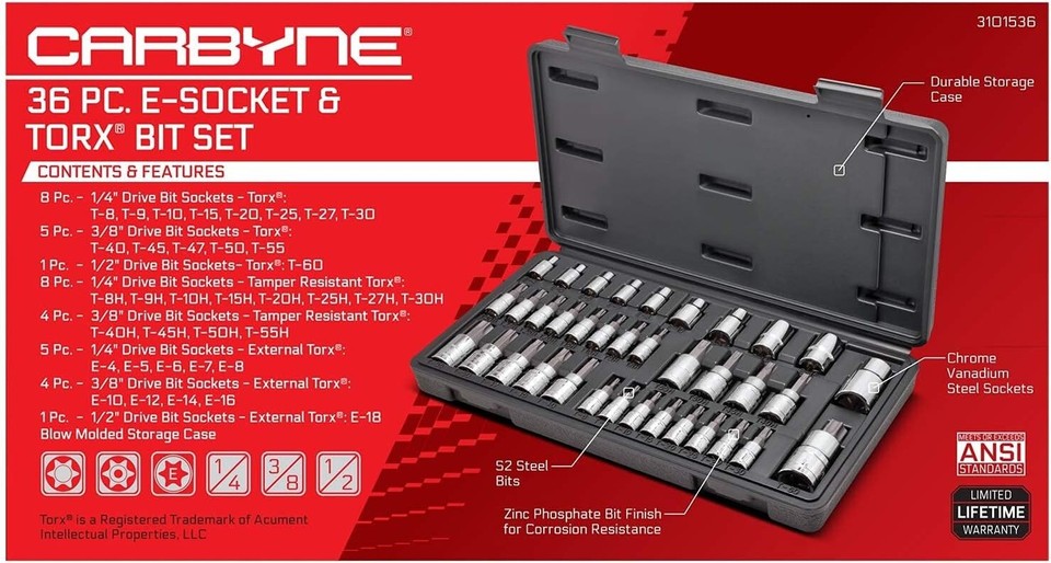 Torx Bit Socket & E-Socket eTorx, External Torx, Female Torx Set - 36 ...
