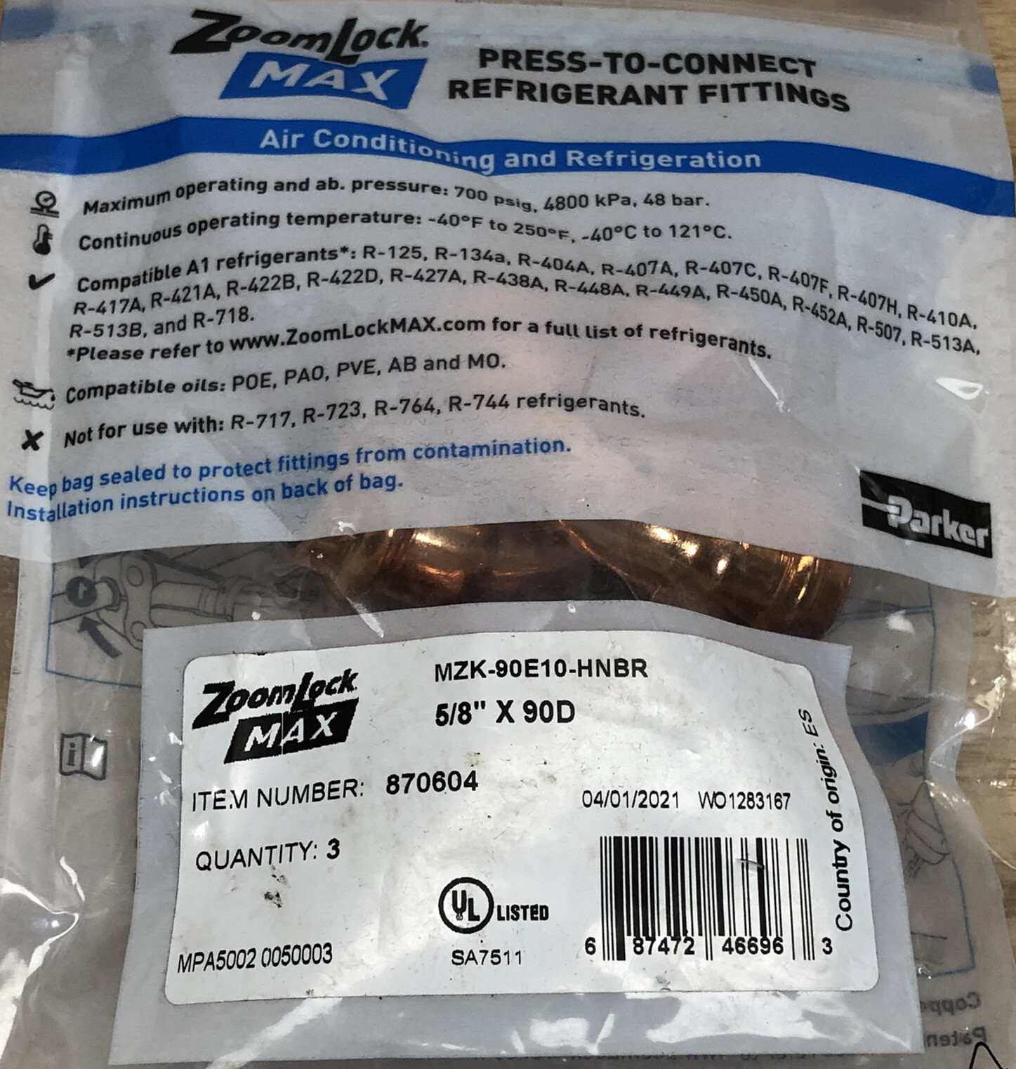 LOT OF 3 ZOOMLOCK # 870604 PRESS TO CONNECT FITTINGS 5/8" X 90 D | eBay