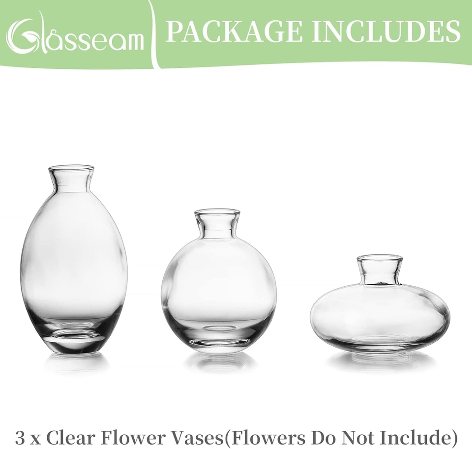 Glasseam Clear Glass Bud Vase, 3Pcs/Set Modern Decorative Small Mini ...