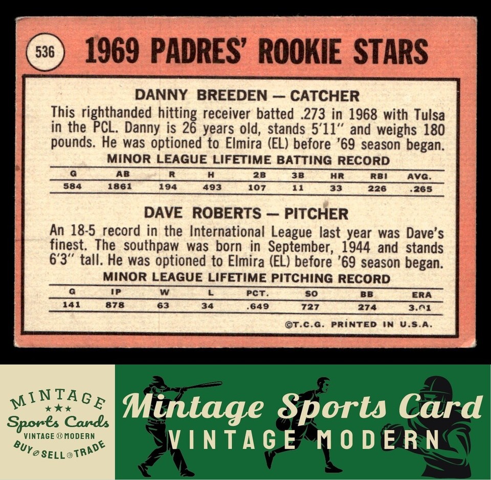 1969 Topps - 1969 Rookie Stars (Danny Breeden / Dave Roberts) - RC #536 ...
