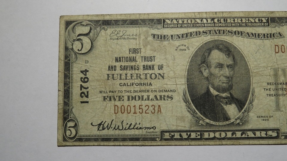 $5 1929 Fullerton California CA National Currency Bank Note Bill Ch ...