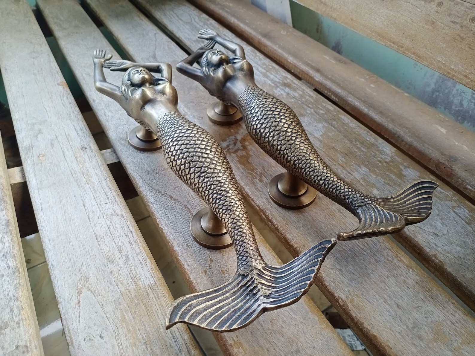 RARE 15.35" inches Pair Antique Mermaid Brass Door Pull, Brass Door ...