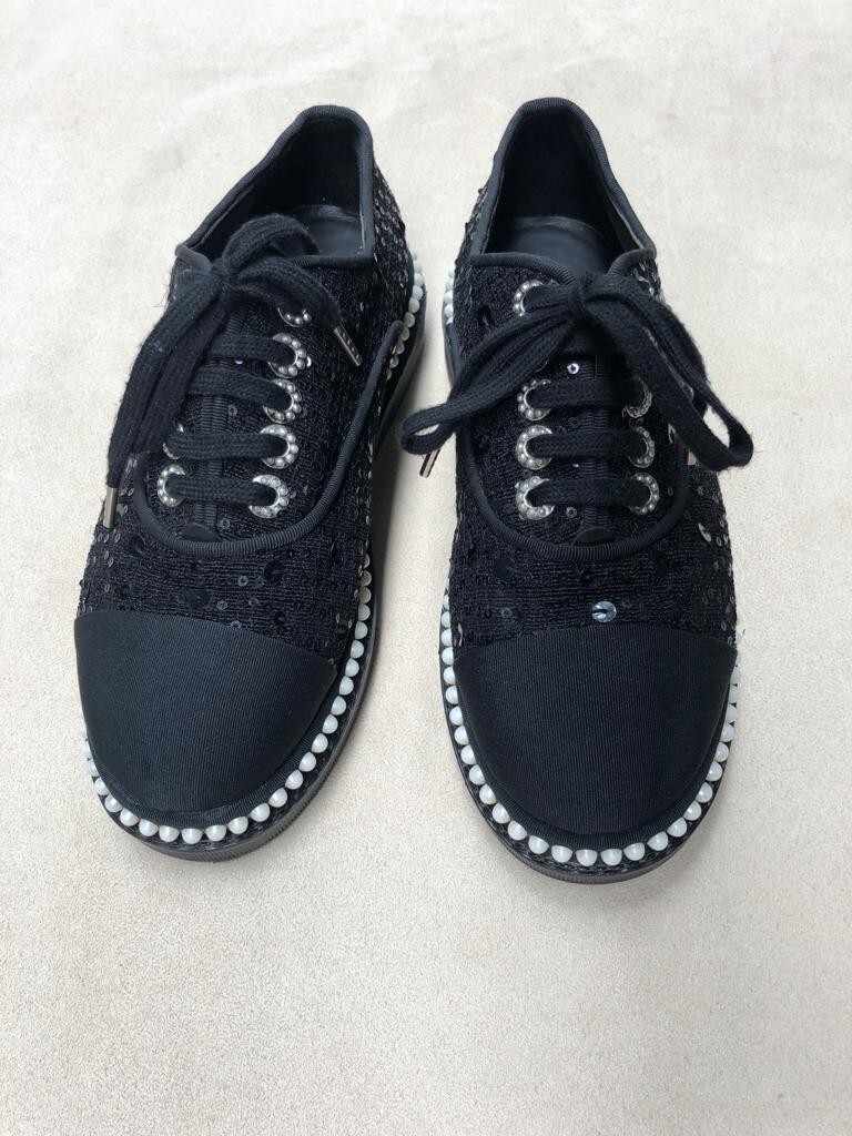 Chanel Black Sequin And Faux Pearl Platform Sneakers … - Gem