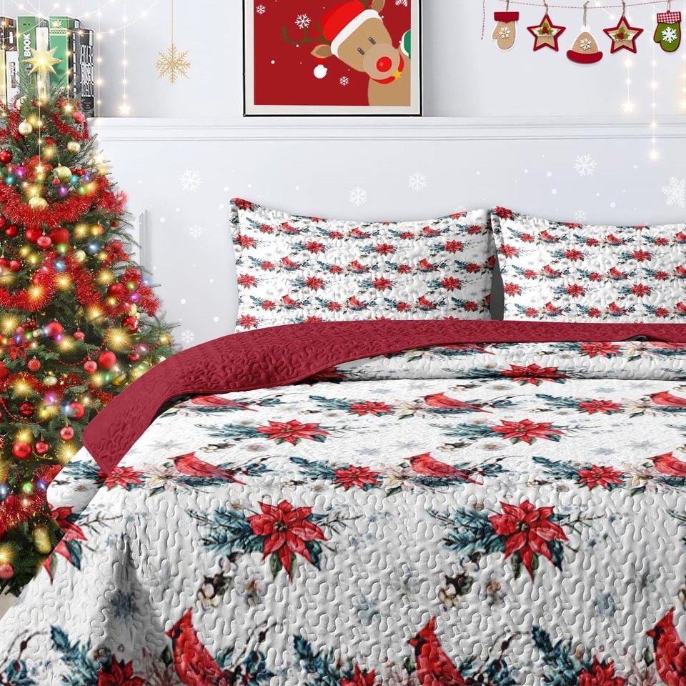 Christmas King Size Quilt Set, Cute Cardinal Bird Lightweight Bedspread ...