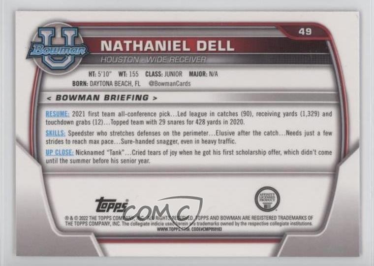 2022 Bowman U Chrome Pink Refractor Tank Dell Nathaniel Dell #49 | eBay