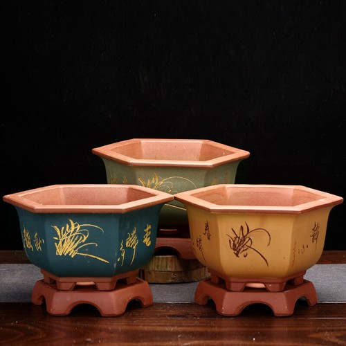 10.4" Large Hexagonal Bonsai Pot w Stand High-Grade Classic Chinese ...