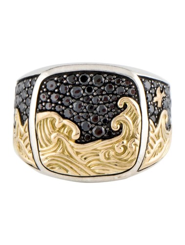 DAVID YURMAN 18K GOLD SS MENS WAVES SIGNET BLACK DIAMOND RING | eBay