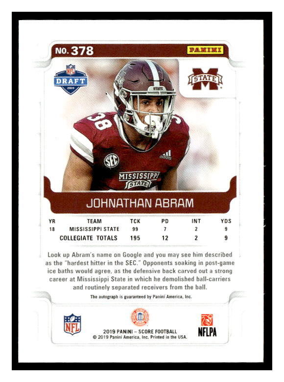 2019 Score #378 Johnathan Abram Rookies Signatures AUTOGRAPH | eBay