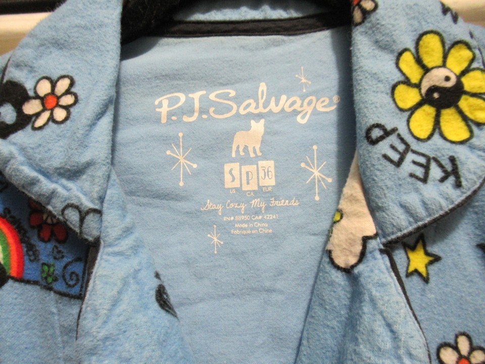 P.J. Salvage Size Small Blue Groovy Vibes Peace Out Flannel Pajama Top ...