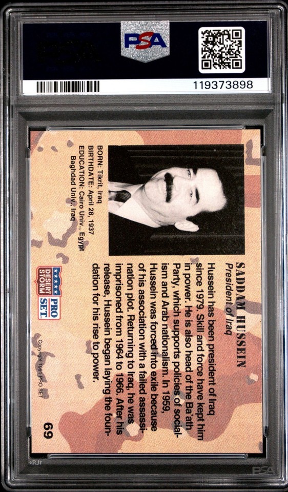 1991 Pro Set Desert Storm #69 Saddam Hussein PSA 10 Gem Mint Rookie ...