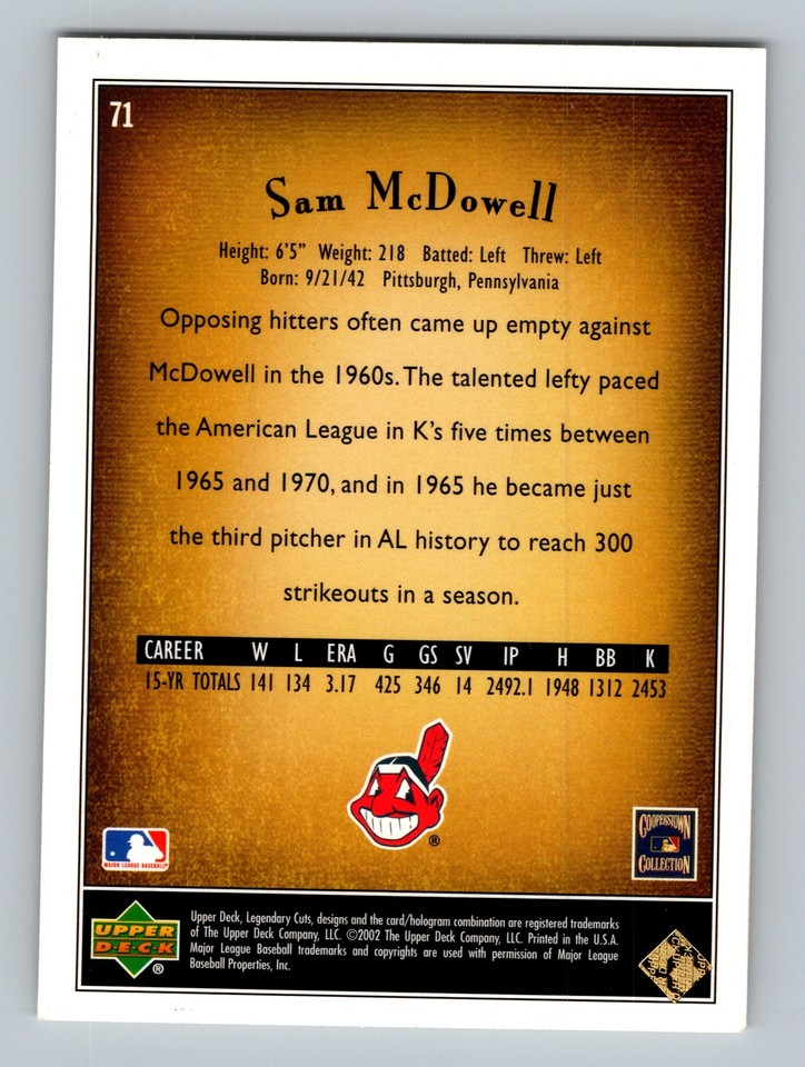 2002 SP Legendary Cuts #71 Sam McDowell Excellent | eBay
