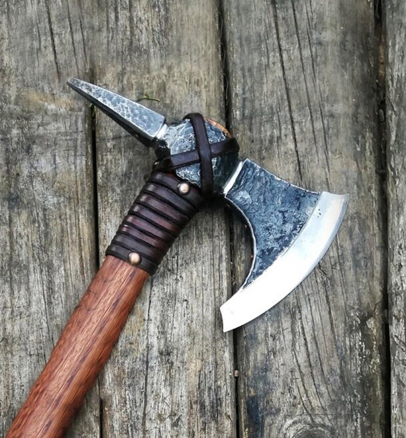 Viking axe CARBON STEEL BLADE WOOD HANDLE BATTLE AXE WITH LEATHER ...