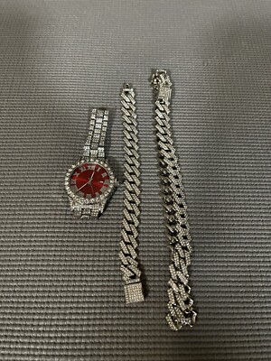 Rhinestone Watch + 20” Cuban Chain + Cuban Bracelet Combo Hip Hop Style ...