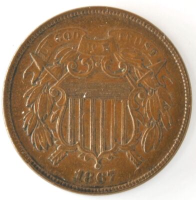 1867 Shield Two Cents US Bronze Coin Philadelphia Mint Post Civil War ...