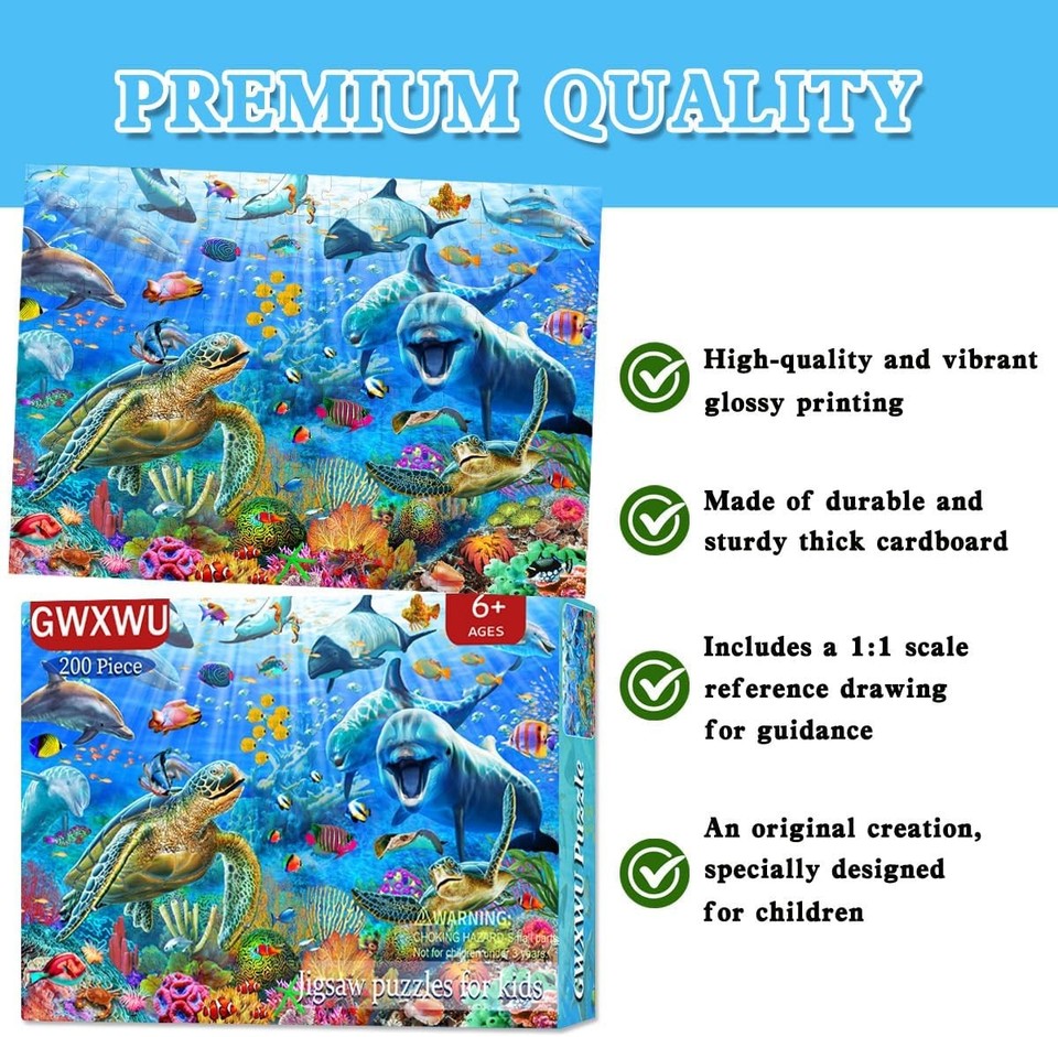 200 Piece Ocean Adventure Puzzle For Kids Ages 6-8 Underwater Sea Life ...