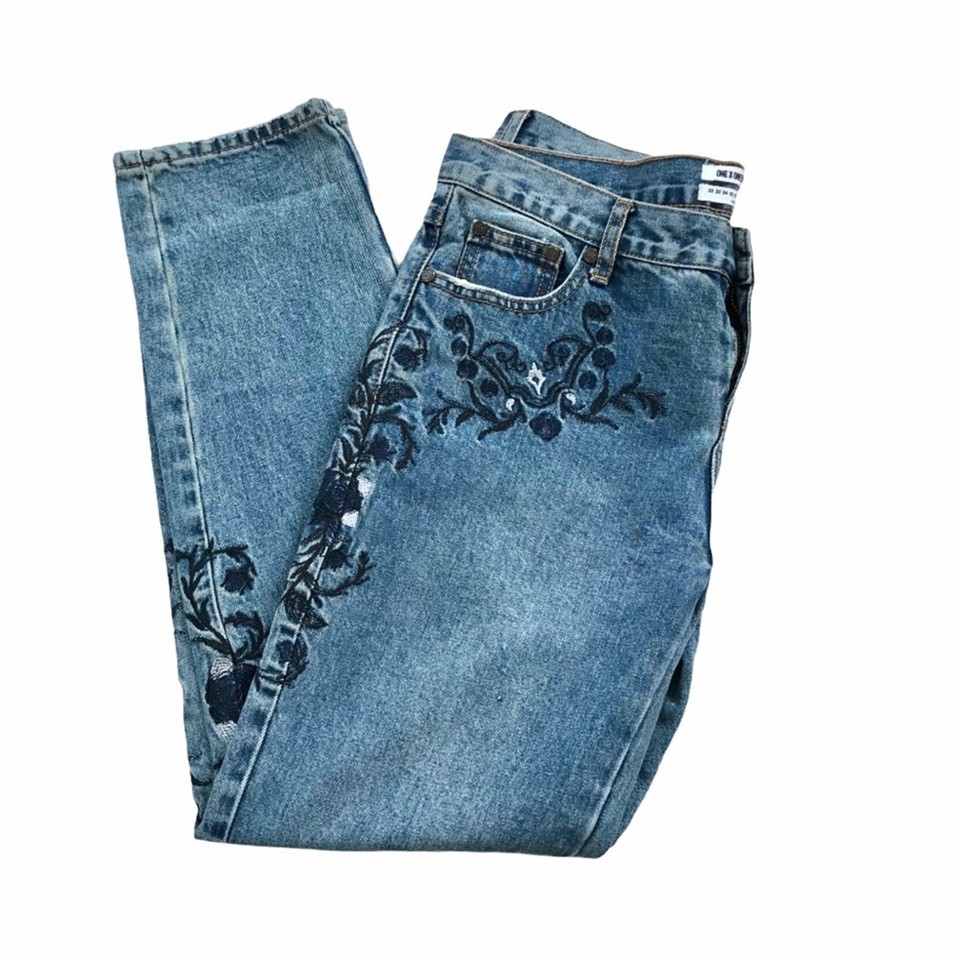 One Teaspoon NWT Floral Embroidered Jeans Straight Light Wash Lola Awe ...