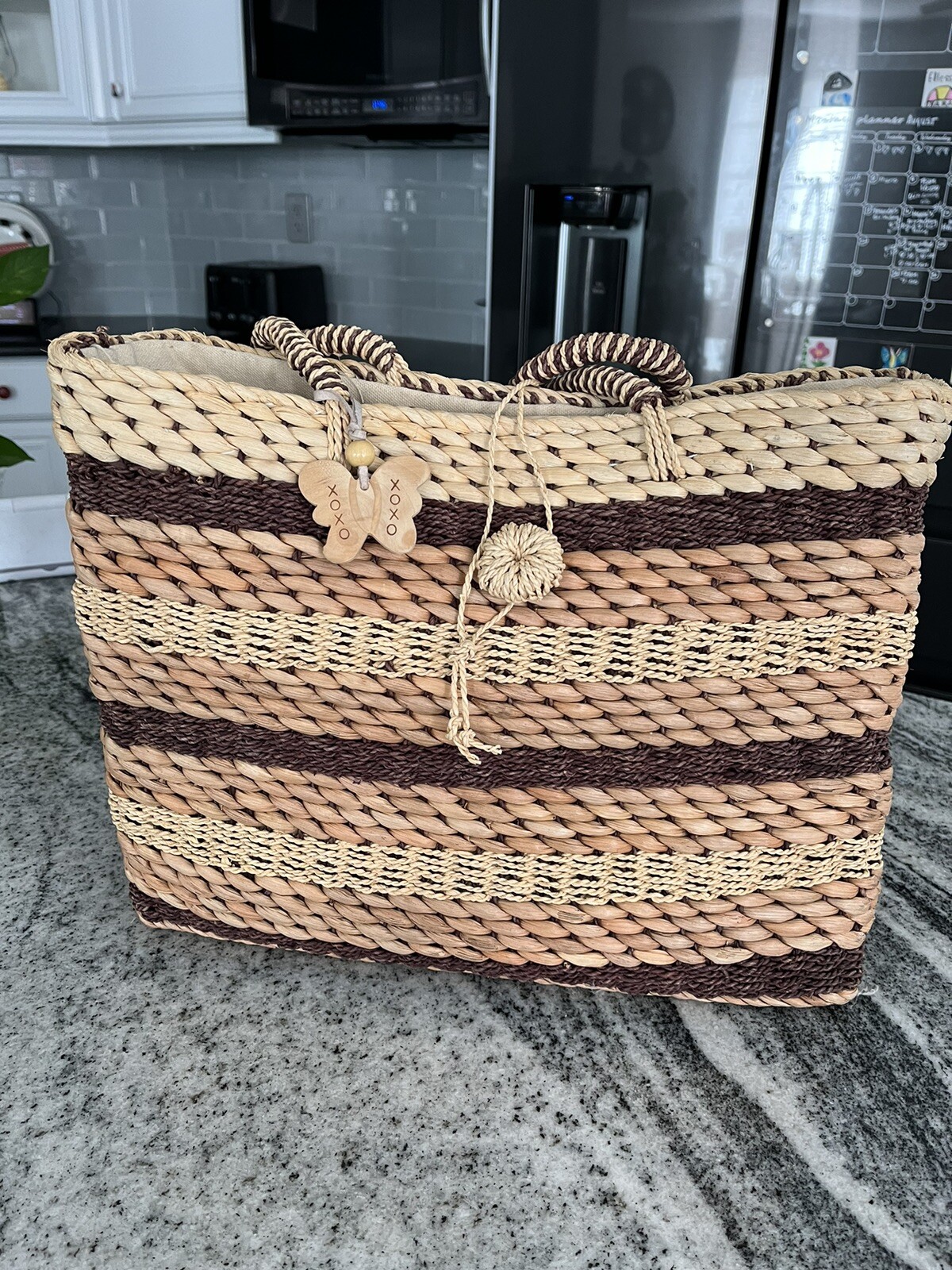 Woven Straw Purse Bag Striped Boho Tan Brown Purse XOXO Shopper Tote ...
