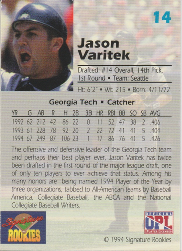 Jason Varitek 1994 Signature Rookies RC Draft Pick auto autograph card ...