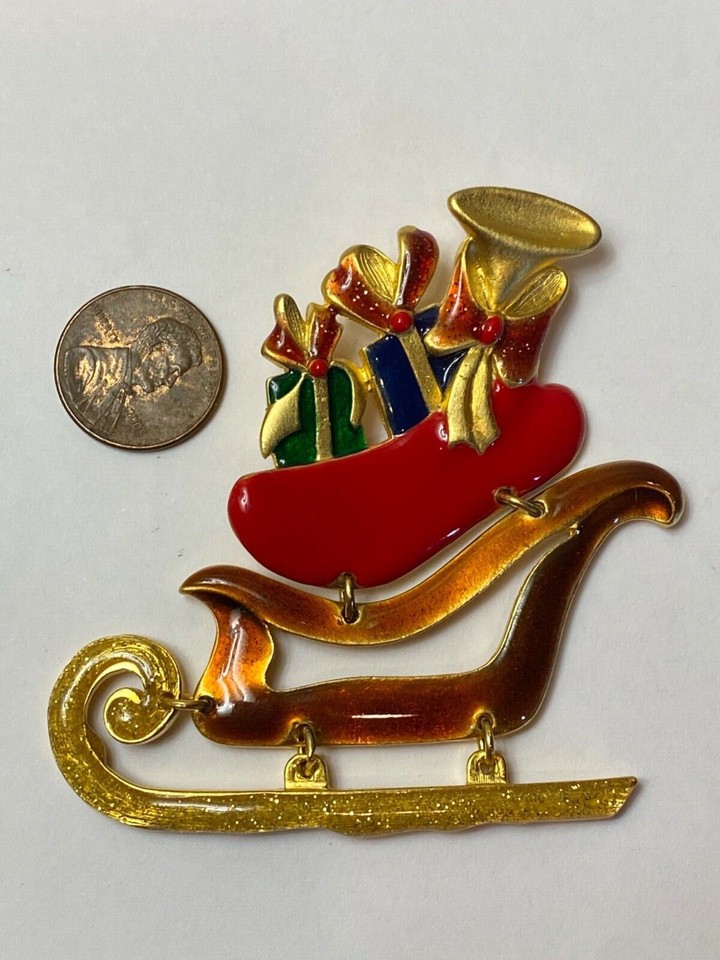 Vintage Rare Don Lin Signed Enamel Sleigh Christmas Holiday Brooch Pin ...