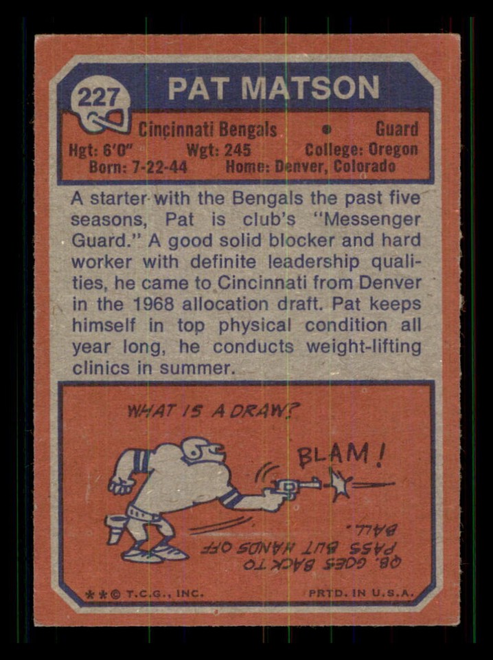1973 Football Topps Pat Matson Cincinnati Bengals #227 | eBay
