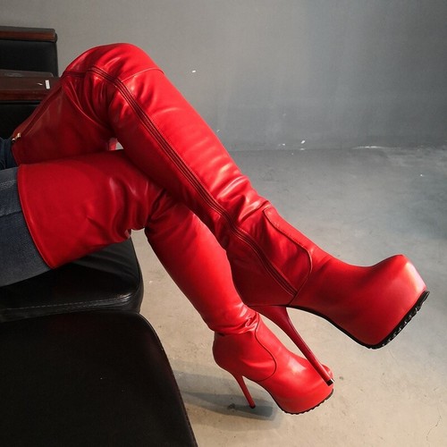 Super Sexy Women Over Knee Boots Zip Platform Red Shoes Thigh High ...