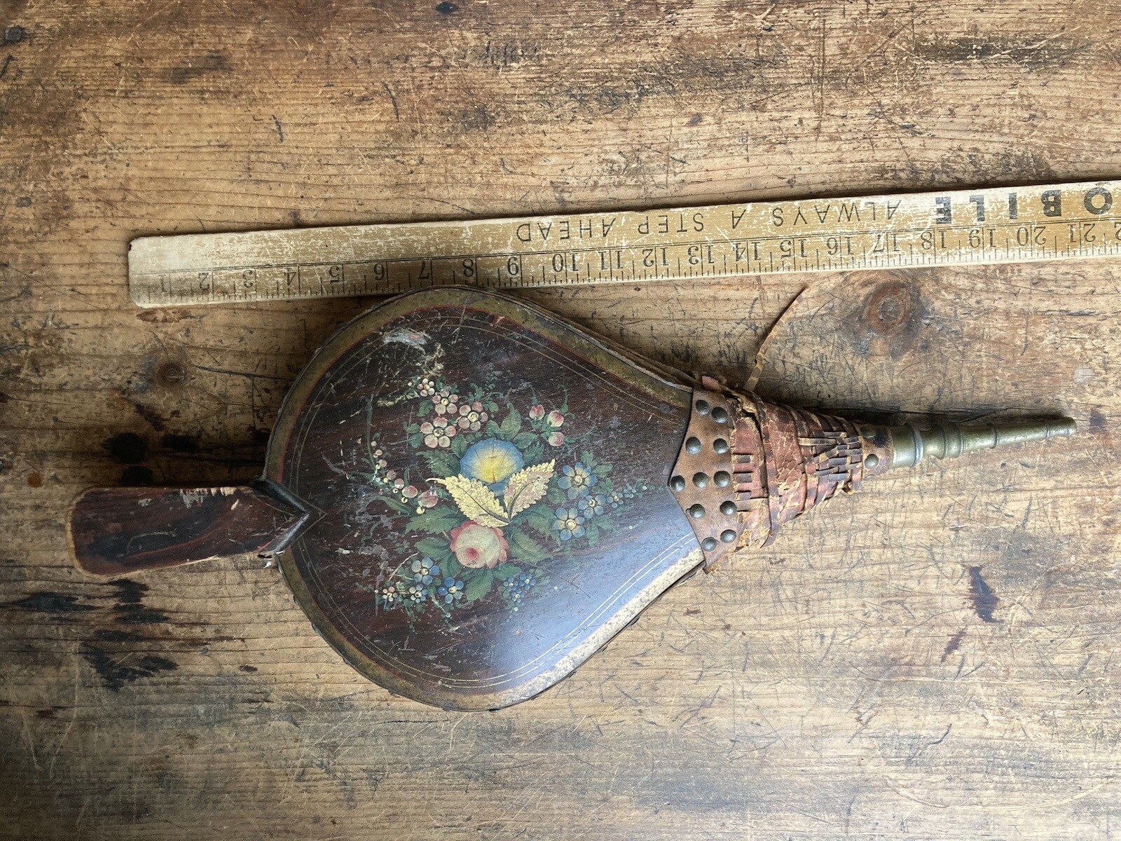 Antique beautifully painted primitive Bellows with old leather and ...