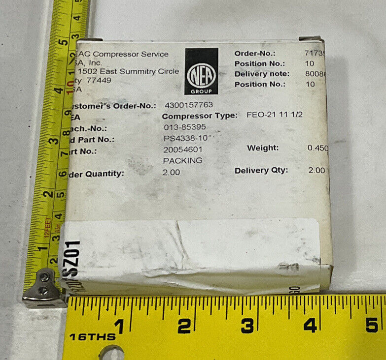 NEAC COMPRESSOR SERVICE FEO-21 11 1/2 20054601 PS4338-10 21-PS-229 ...