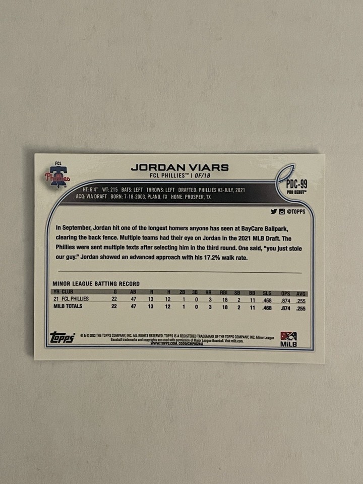 Jordan Viars SIGNED 2022 Topps Pro Debut Chrome #PDC-99 IP AUTO | eBay