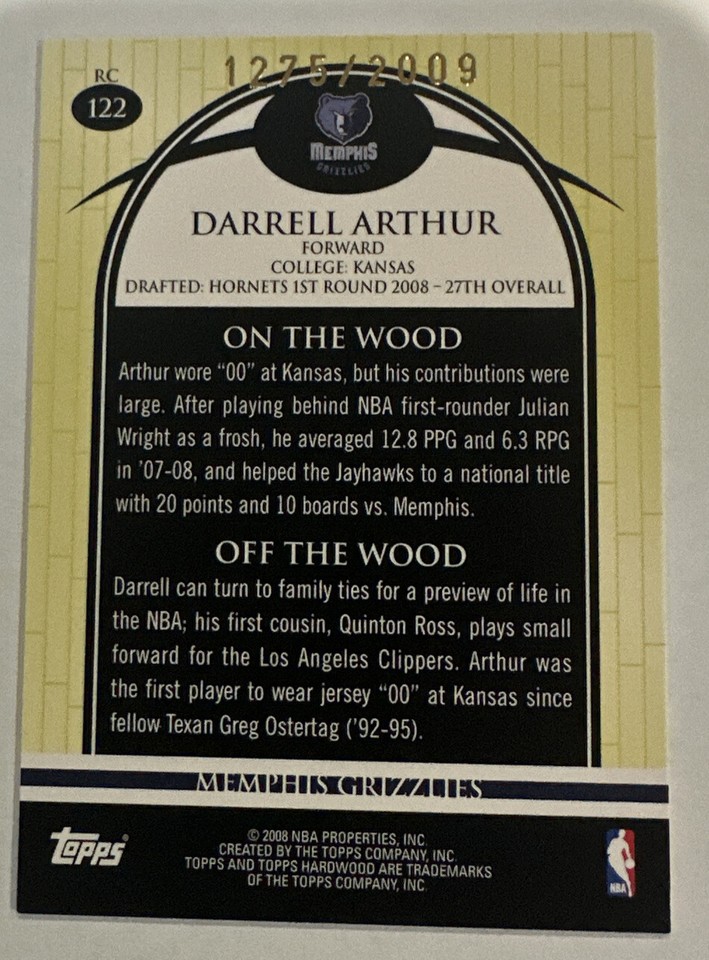 2008 Topps NBA Rookie Darrell Arthur Grizzlies No. 122 1275/2009 | eBay