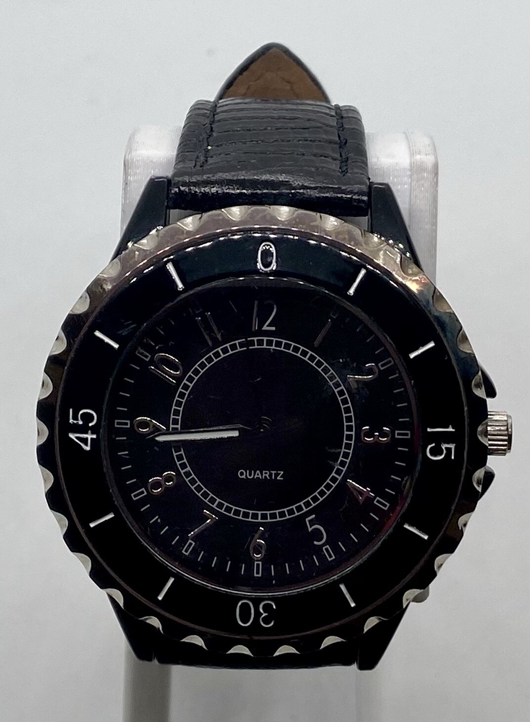 ACCUTIME MENS WATCH New Battery Genuine Leather Band Black And Silver ...