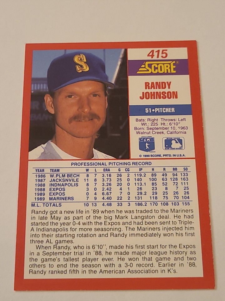 1990 Score #415 Randy Johnson Seattle Mariners HOF | eBay
