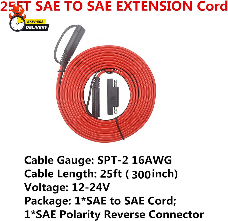 Trickle Charger Extension Cord 25FT - SAE to SAE Connector Cable 12V ...