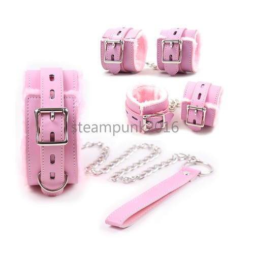 Pink Leash Constraint Set Handcuffs Ankle Cuffs Fluffy Restraint Collar ...