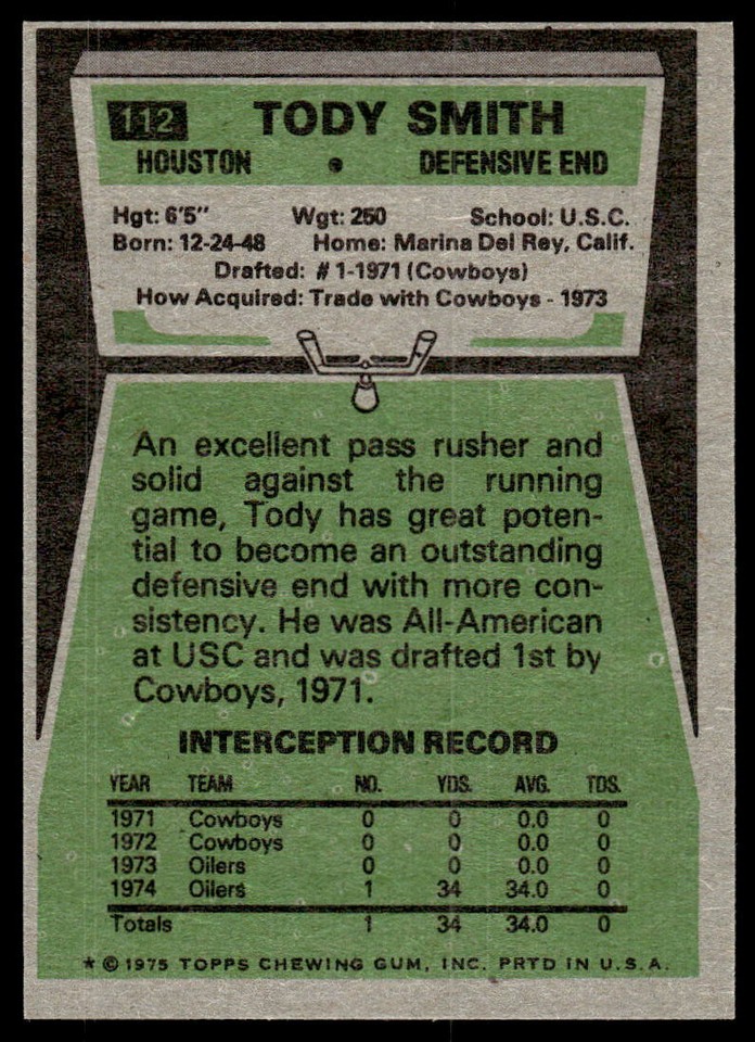 1975 Topps Tody Smith #112 Houston Oilers K1 | eBay