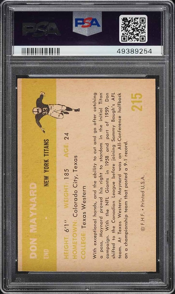 1961 Fleer FB Card #215 Don Maynard New York Titans HOF ROOKIE RC PSA 8 ...
