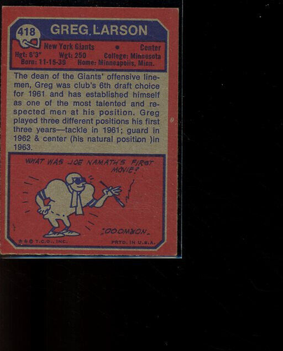 1973 Topps Football Card #418 Greg Larson | eBay
