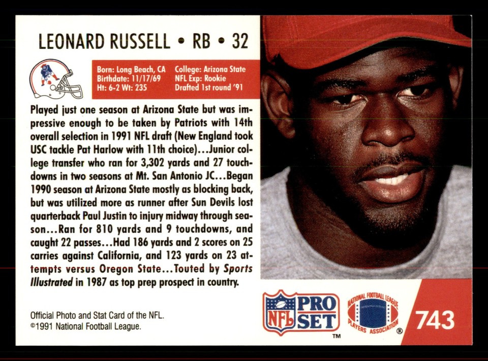 1991 Pro Set Leonard Russell #743 DC, RC New England Patriots | eBay