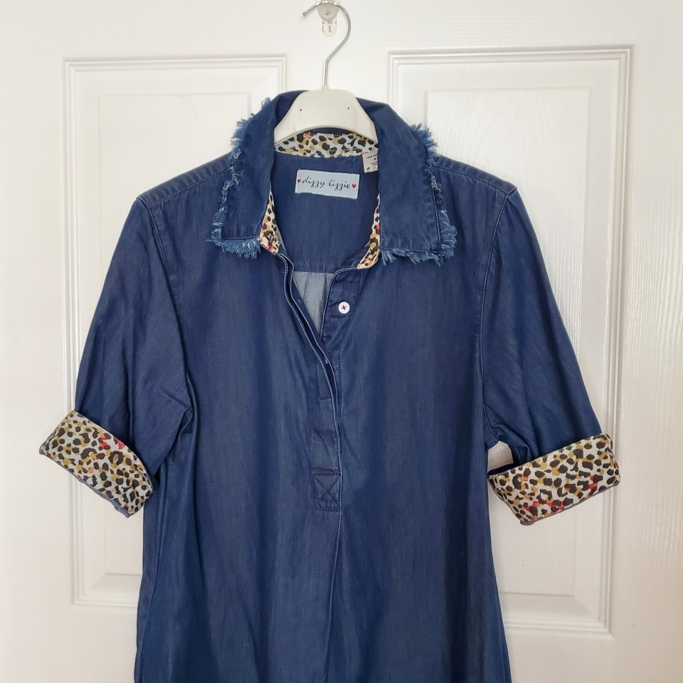 Dizzy Lizzie Chatham Denim Blue Animal Print Shirt Dress SMALL | eBay